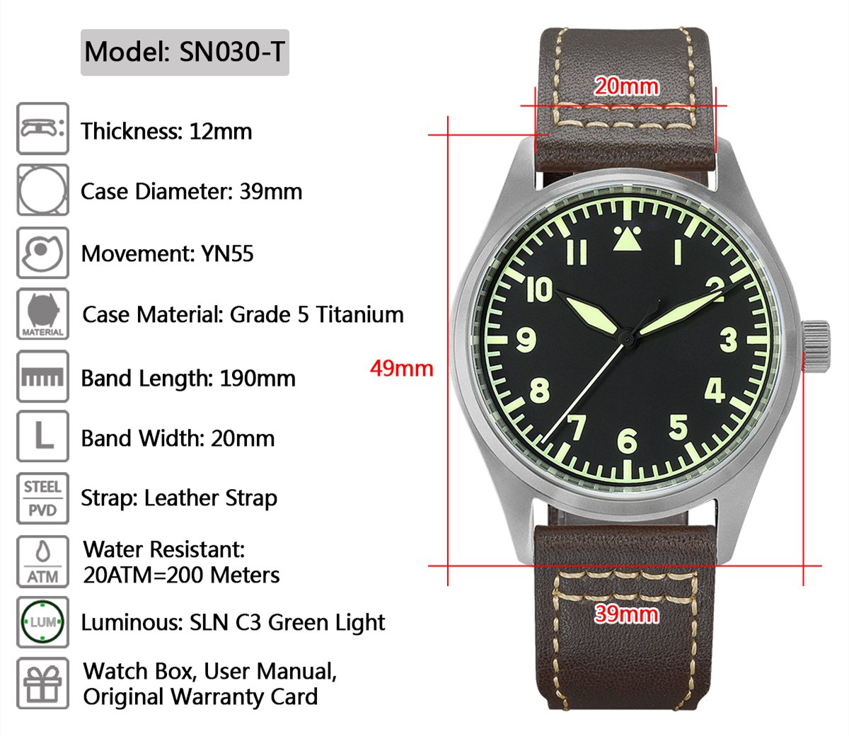 San Martin Titanium Pilot Watch Luminous Military Watch YN55 movement ...